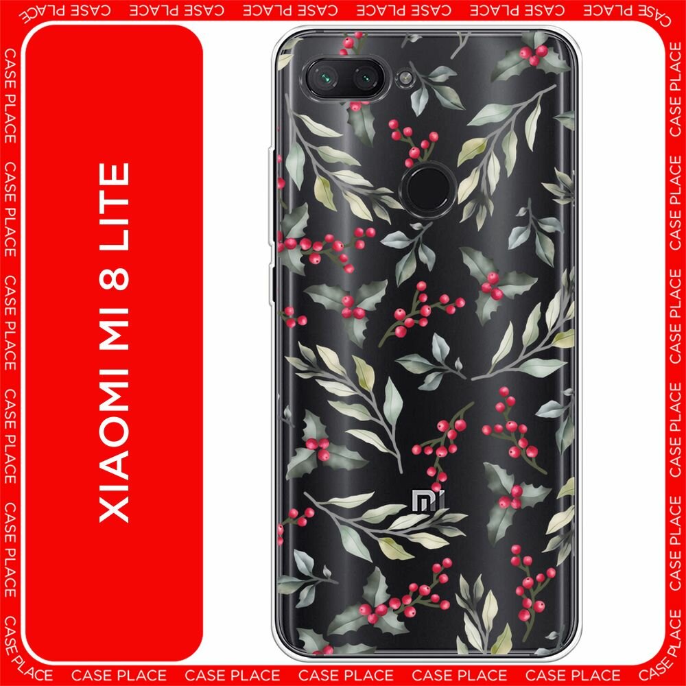 Чехол на Xiaomi Mi 8 Lite (Youth Edition) / Сяоми Ми 8 Лайт (Юс Эдишн) с принтом Зимние ягоды паттерн, прозрачный