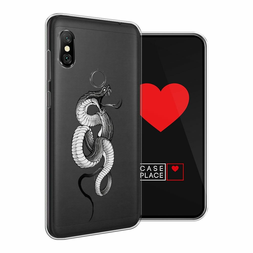 Чехол на Xiaomi Redmi Note 6 Pro / Сяоми Редми Нот 6 Про с принтом Монохромная змея рисунок, прозрачный — фото 1