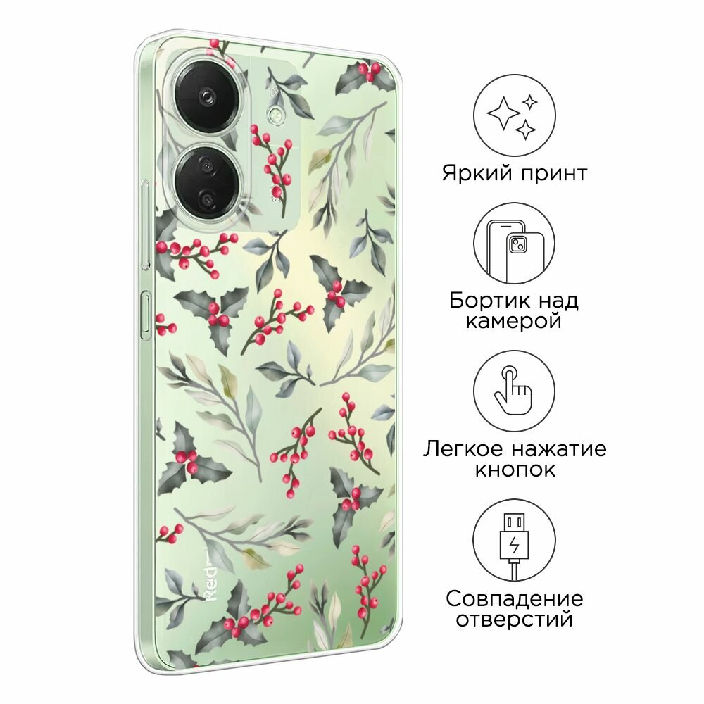Чехол на Xiaomi Redmi 13C/Poco C65 / Сяоми Редми 13C/Поко С65 с принтом Зимние ягоды паттерн, прозрачный — фото 1