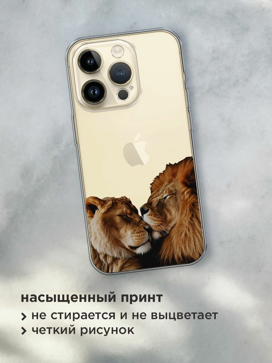 Чехол на Apple iPhone 14 Pro / Айфон 14 Про с принтом "Нежные львы - 14 февраля", прозрачный — фото 1
