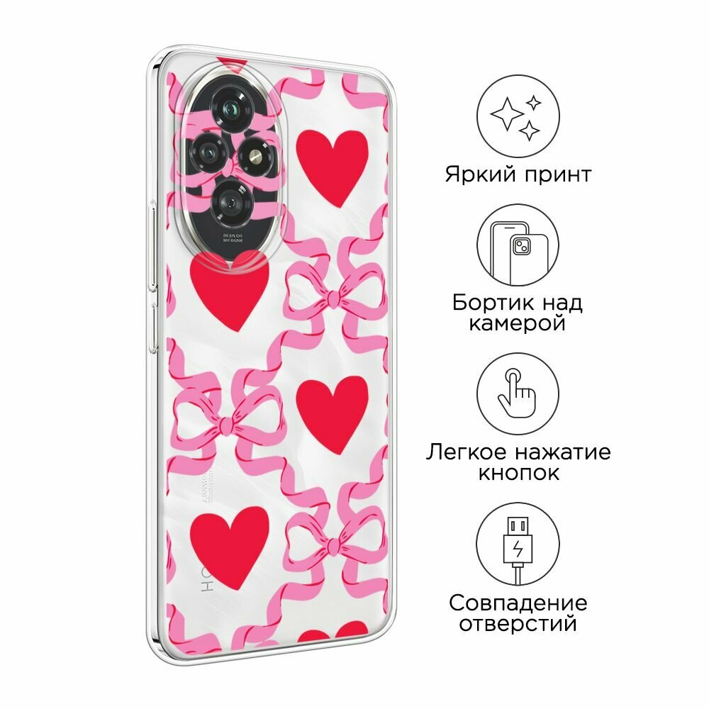 Чехол на Honor 200 / Хонор 200 с принтом "Hearts and ribbons 2 - 14 февраля", прозрачный — фото 1