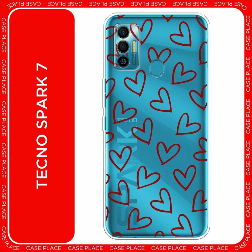 Чехол на Tecno Spark 7 / Техно Спарк 7 с принтом "Little hearts doodles 2 - 14 февраля", прозрачный