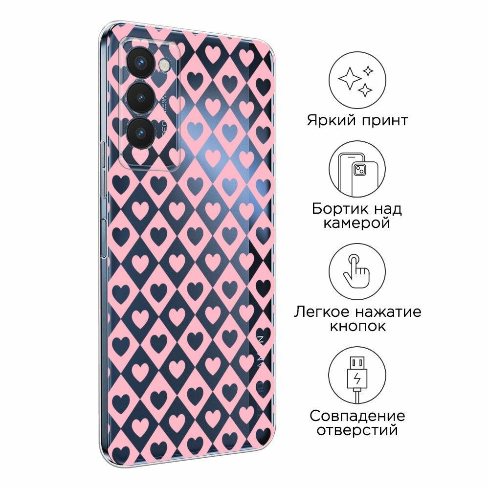 Чехол на Tecno Camon 18P / Техно Камон 18Р с принтом "Сердечки и клетка - 14 февраля", прозрачный — фото 1