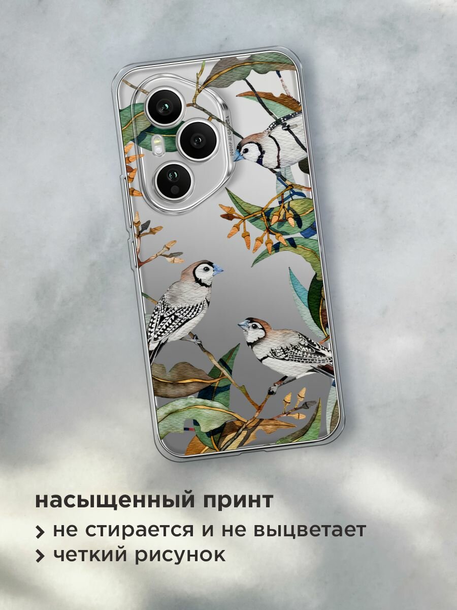 Чехол на Honor 400 Pro / Хонор 400 Про с принтом "Птицы в листве", прозрачный — фото 1