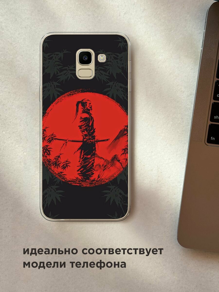 Чехол на Samsung Galaxy J6 2018 / Самсунг Галакси Джей 6 2018 с принтом "Самурай на красном фоне" — фото 1