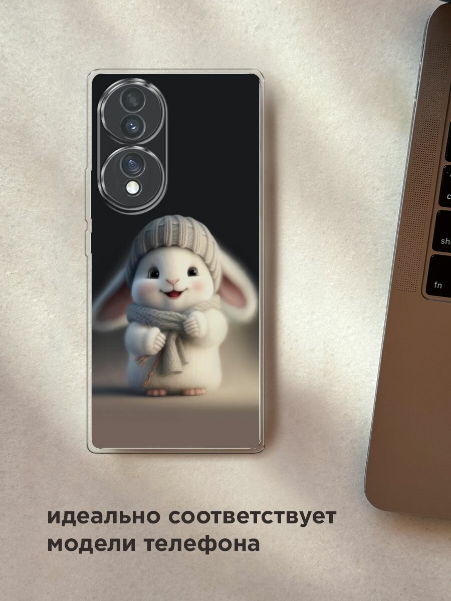 Чехол на Honor 70 / Хонор 70 с принтом "Белый крольчонок в шапке" — фото 1