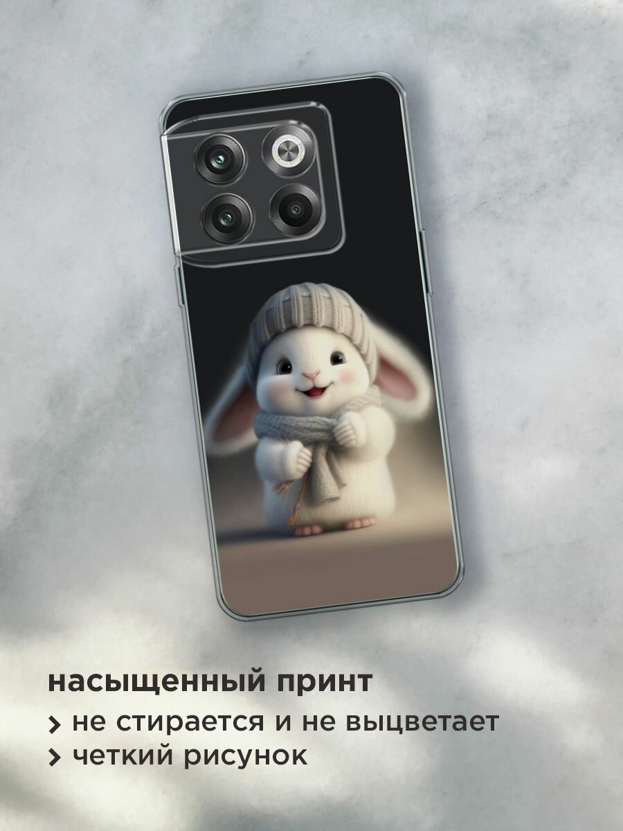 Чехол на OnePlus 10T / Ван плюс 10T с принтом "Белый крольчонок в шапке" — фото 1