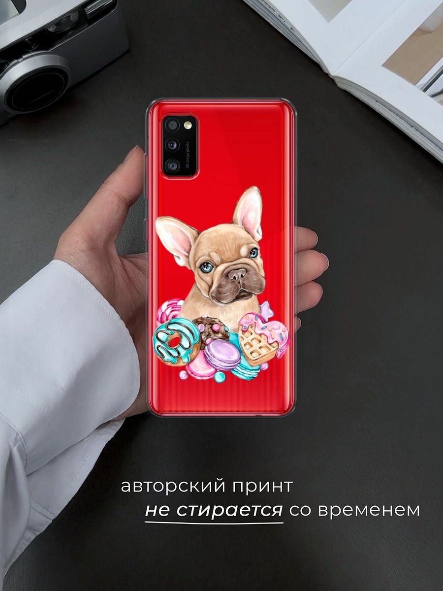 Чехол на Samsung Galaxy A41 / Самсунг Галакси А41 с принтом "Бульдог и сладости", прозрачный — фото 1