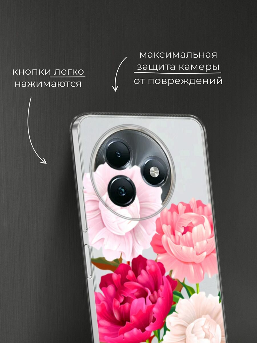 Чехол на Itel S24 / Ител S24 с принтом "Большие пионы", прозрачный — фото 1