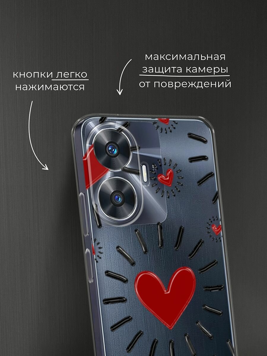 Чехол на Realme C55 / Реалми C55 с принтом "Бордовые сердца паттерн" — фото 1