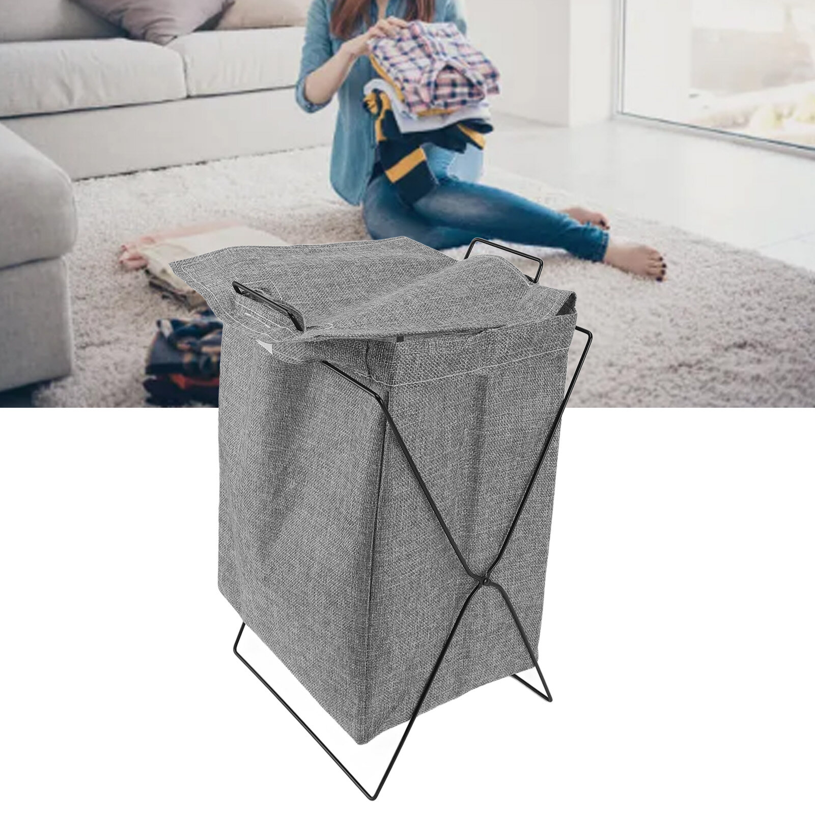 Корзина для белья с металлическим каркасом X Складная корзина для белья Стоящая высокая Прямоугольная вместительная органайзер для грязной одежды Серый S