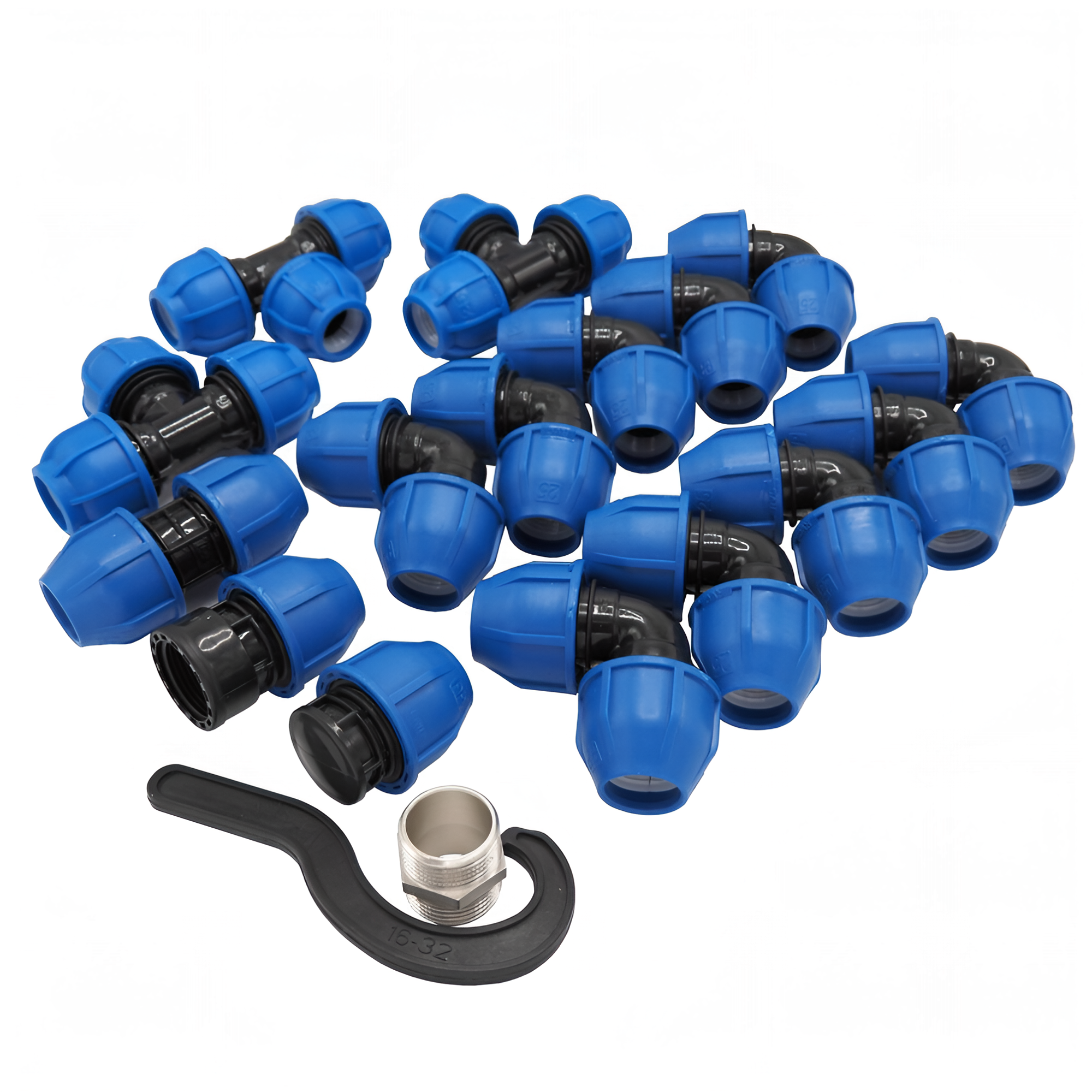 Набор ПНД фитингов для трубы 25 мм, с муфтой. Комплект из 18 элементов