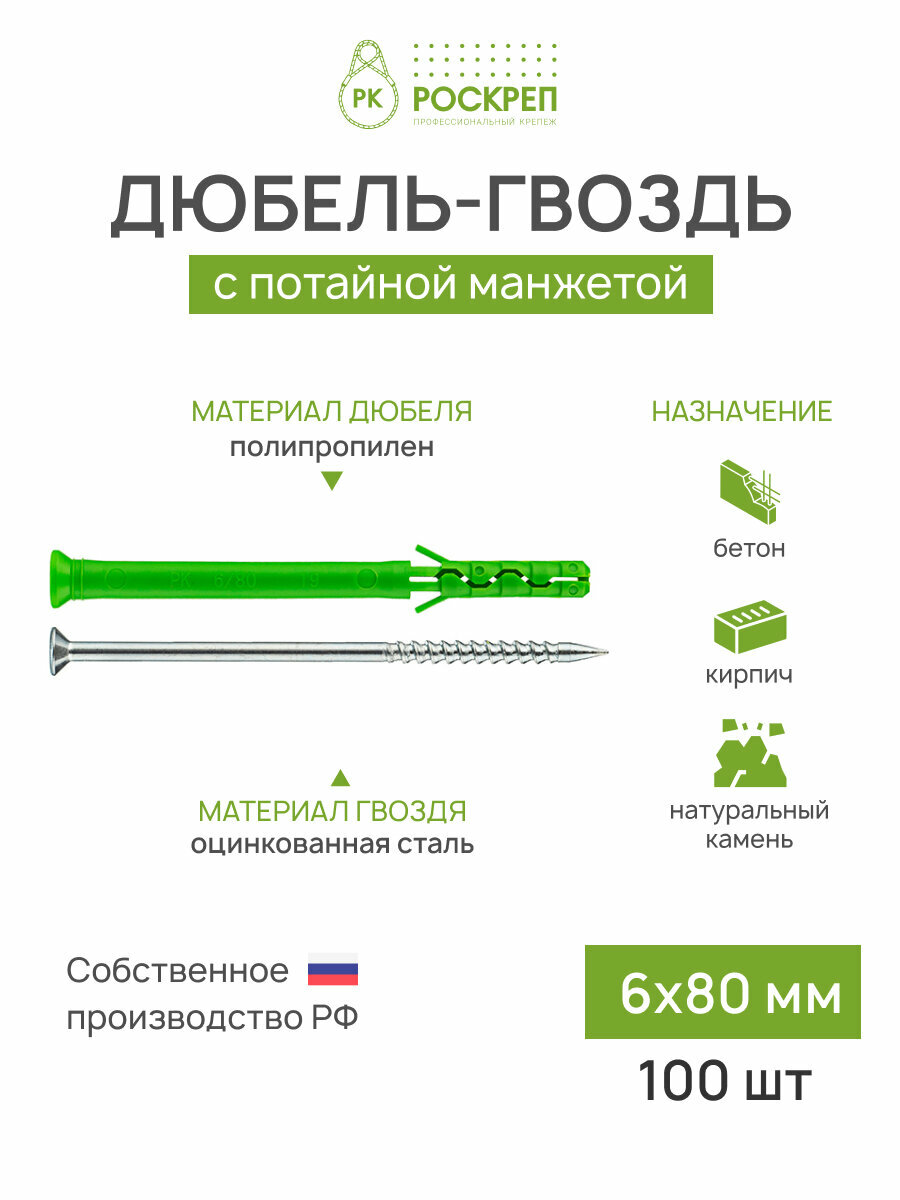 Дюбель-гвоздь 6х80 мм потайная манжета для гипсокартона, 100 шт.