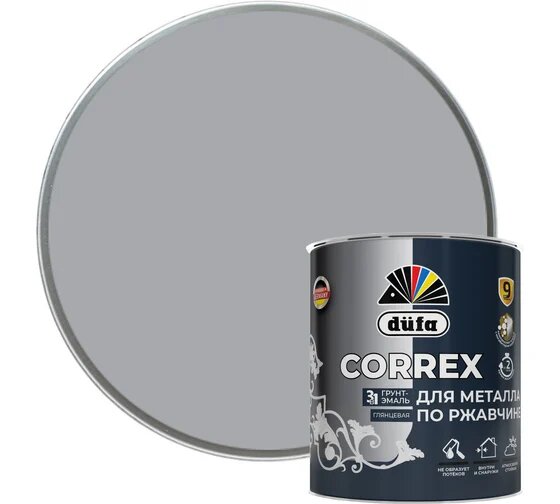 Dufa Грунт-эмаль по ржавчине гладкая Correx 3 в 1 RAL-9006 серебристый 0,75 л