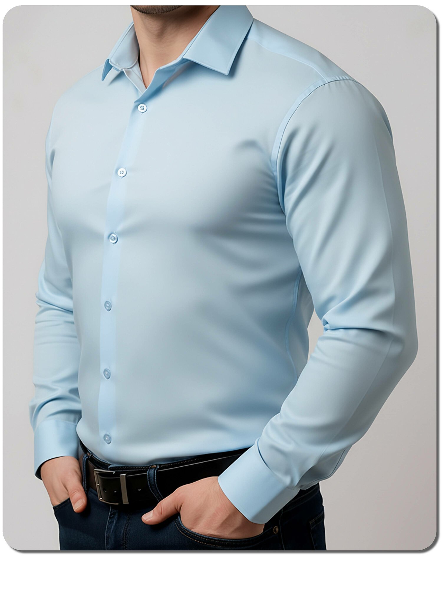 Рубашка Мужская рубашка с длинным рукавом приталенная, светлая сорочка на пуговицах, рубаха на любой сезон, бирюзовая однотонная, без карманов, на любой сезон и на лето рубашка Slim fit с приталенным кроем за