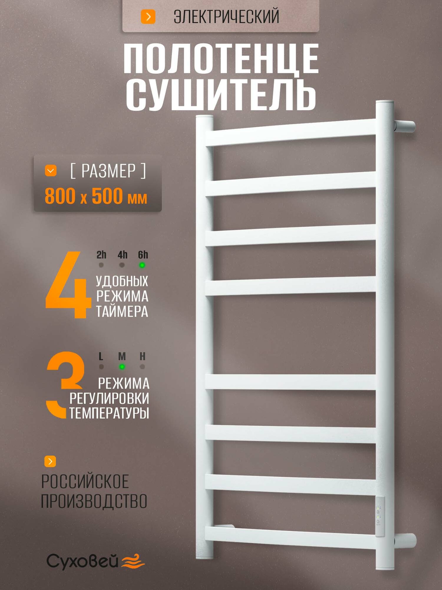 Полотенцесушитель электрический Суховей Уют USM85001WM 80x50 см, белый матовый / Сушилка для полотенец в ванную, лесенка с терморегулятором