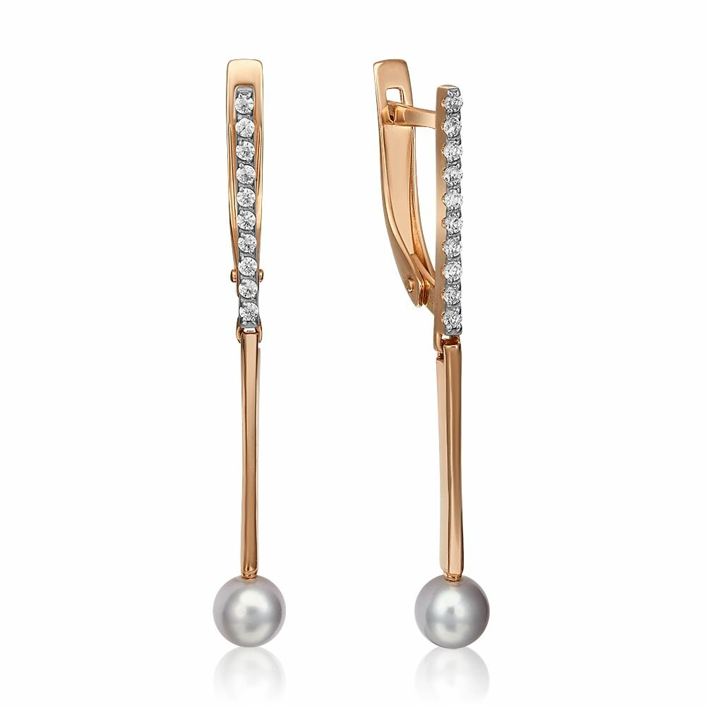 Серьги PLATINA, красное золото, 585 проба, жемчуг культивированный, фианит