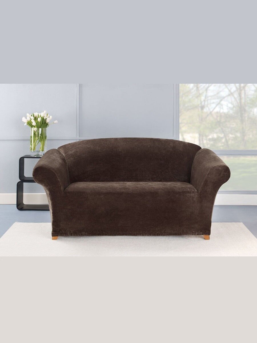 Чехол на двухместный диван Бруклин коричневый, стрейчевый велюр, Виктория Хоум Декор