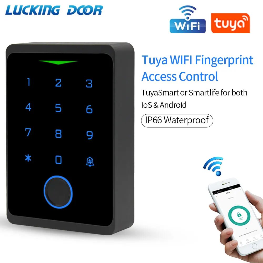 Wi-Fi Tuya Клавиатура доступа для двери с подсветкой и сканером отпечатков пальцев Водонепроницаемый RFID 125 кГц EM кардридер для системы контроля доступа Wiegand 26 34