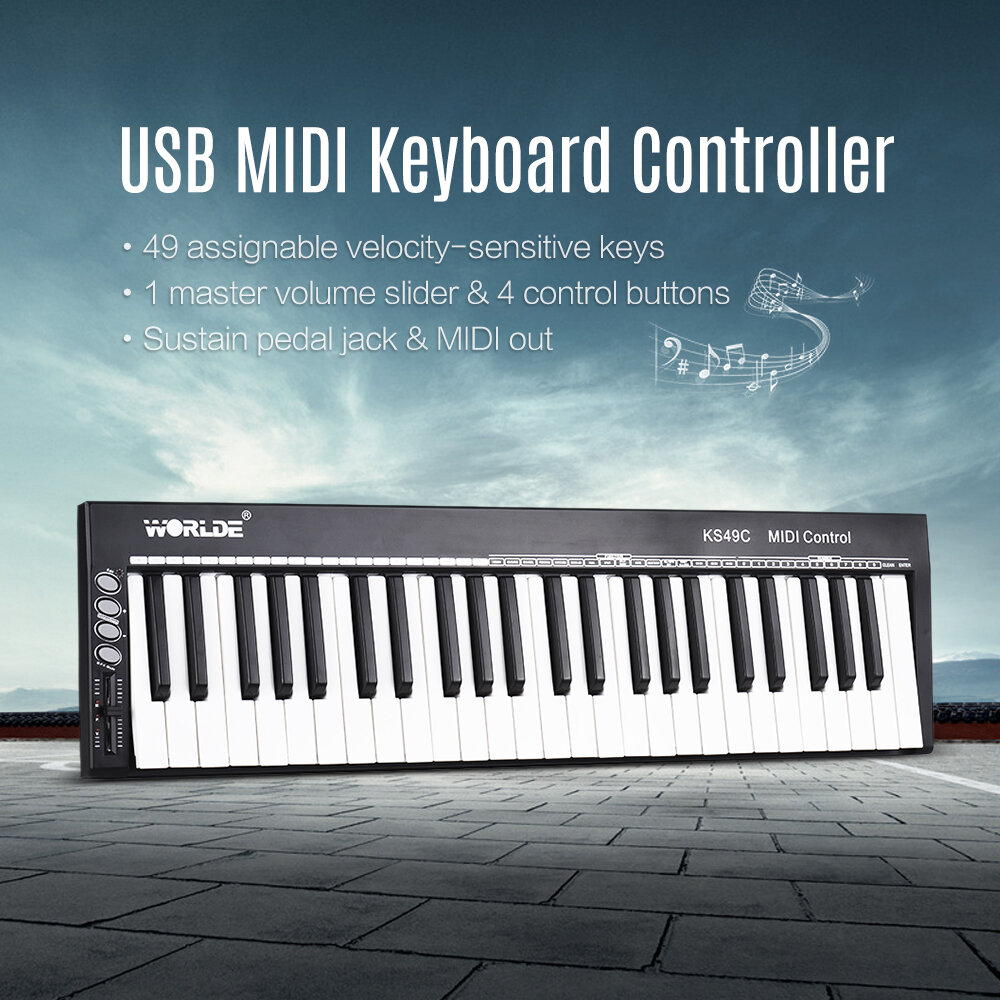 WORLDE KS49C Контроллер MIDI-Клавиатуры USB с 49 Клавишами, Разъемом для Педали 6.35mm, MIDI Out, Черный, Пластик, Размер 72*20*5cm, Вес 1790g, USB-питание, В комплект Входит 1 Контроллер и 1 USB-Кабель
