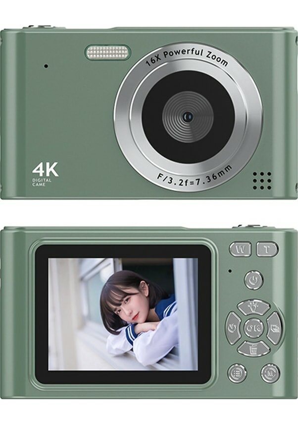 Камера для студентов H15, CCD кардный автомат, энтрис-уровневый зеркальный фотоаппарат, 4K, двойная камера, портативная для путешествий, экран 2.4 дюйма 240*320, память до 128G, цифровой зум 16X, цвета Зеленый/Золотой/Черный, размеры 97x57x25mm