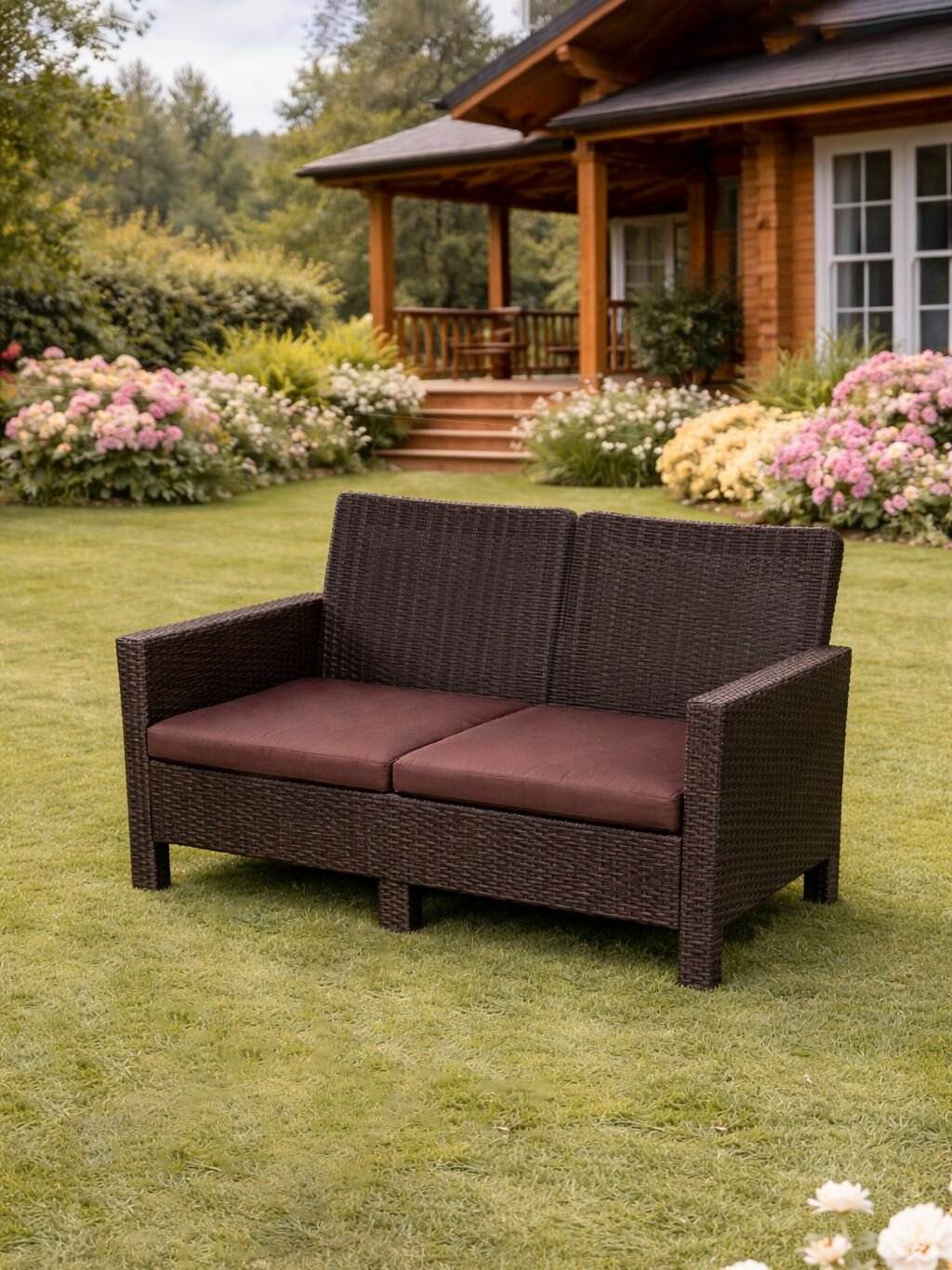 Диван двухместный садовый, под ротанг, с коричневой подушкой, темно-коричневый