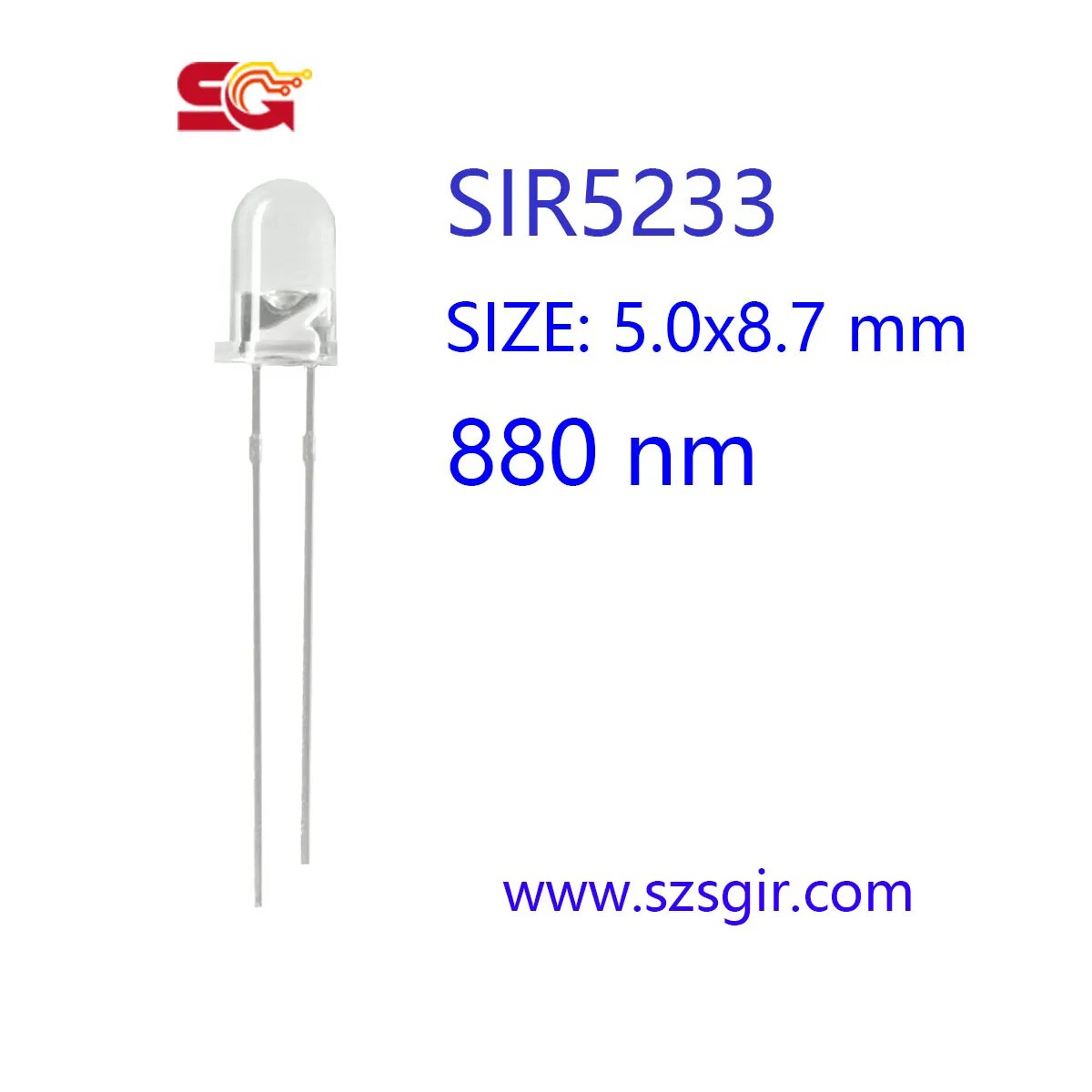 20 шт, 880нм, 5.0мм, Инфракрасный светодиод, SIR5233, ИК светодиод, Инфракрасный излучающий диод