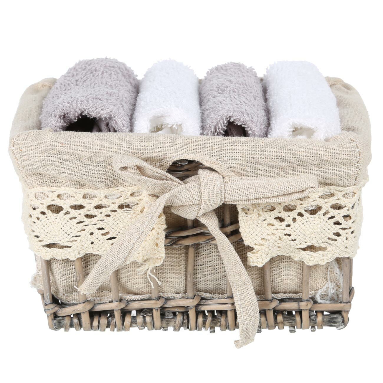 Полотенце, 30х30 см, 4 шт, в корзине, хлопок/дерево, белое/серое, Basket towel, Kuchenland