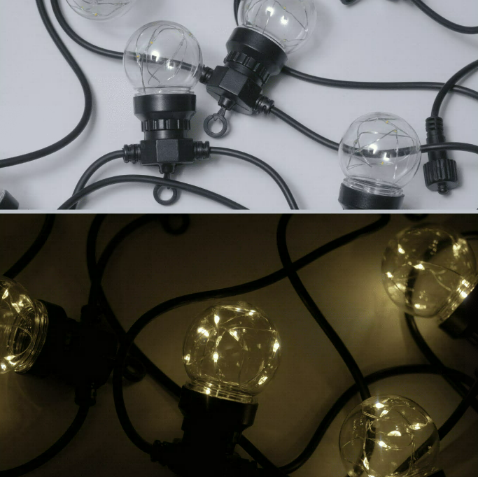 Гирлянда 5 м 10 ламп с нитью росой 3В прозрачная колба G50 теплый свет