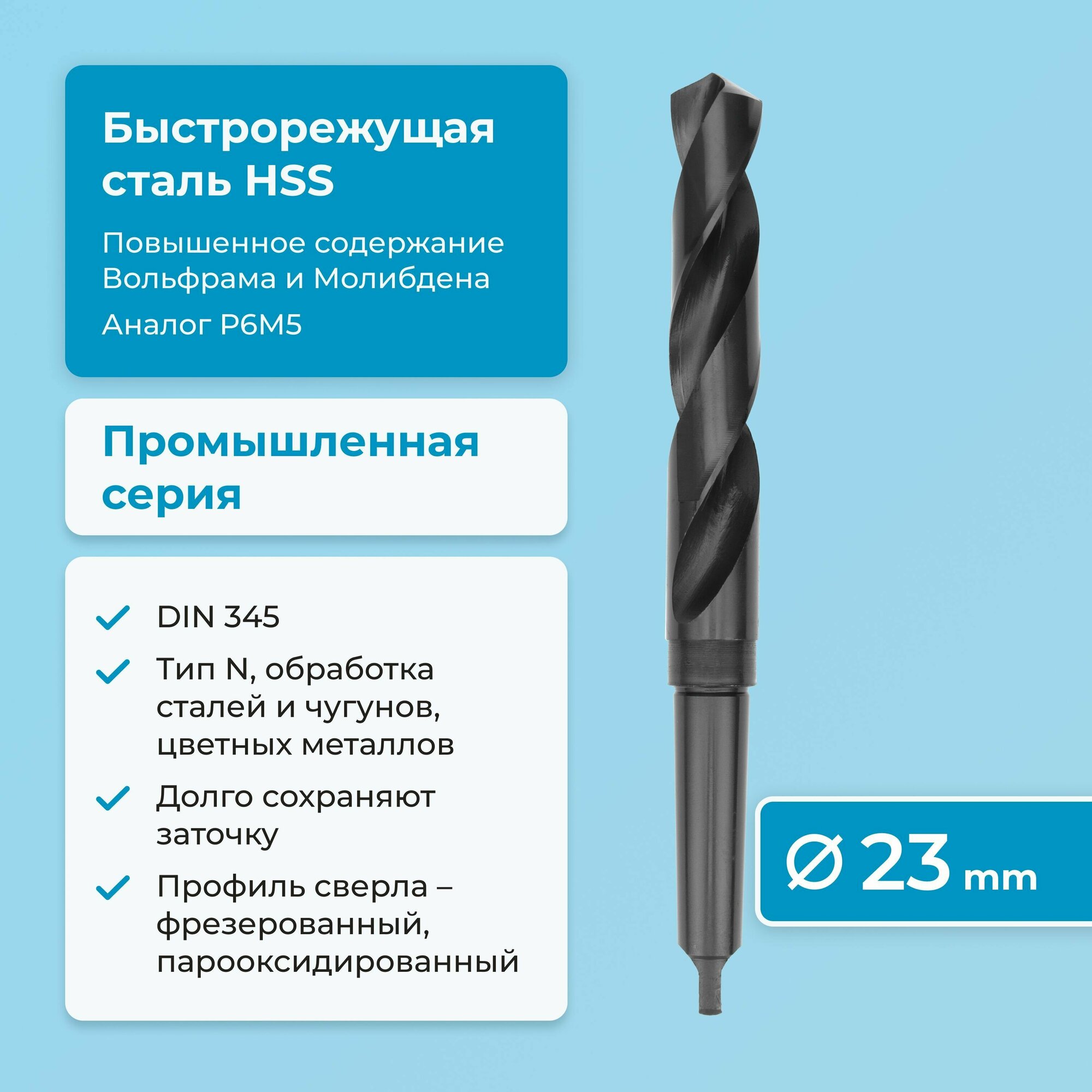 Сверло по металлу 23 мм NORGAU Industrial спиральное HSS фрезерованное с хвостовиком-конус Морзе, правое, DIN 345