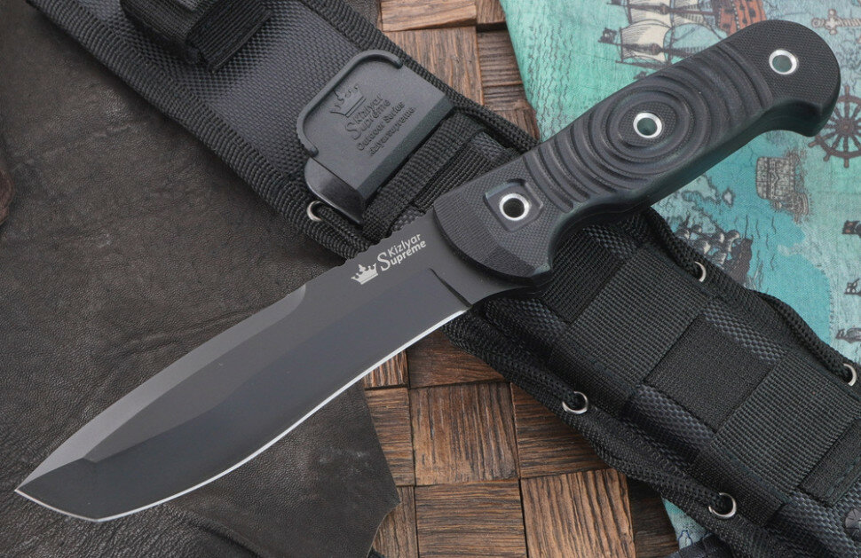 Аутдорный нож Kizlyar Supreme Vendetta, рукоять G-10, сталь Aus-8, black titanium
