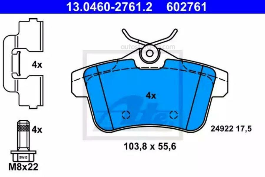 ATE 13046027612 Колодки тормозные дисковые задн, CITROEN: C4 1.4 VTi 95/1.6 HDi 110/1.6 HDi 115/1.6 HDi 90/1.6 THP 155/1.6 VTi 120/1.6 VTi 120 LPG/2.0 HDi 150 09-, DS4 1.6/1.6 HDi 110/1.6 HDi