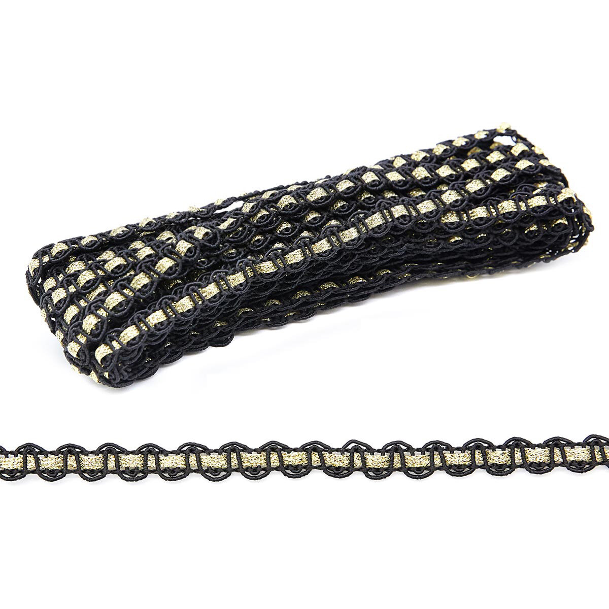 Тесьма вязаная отделочная Нудольская фабрика, С922, 8мм*10м (черный, золото)