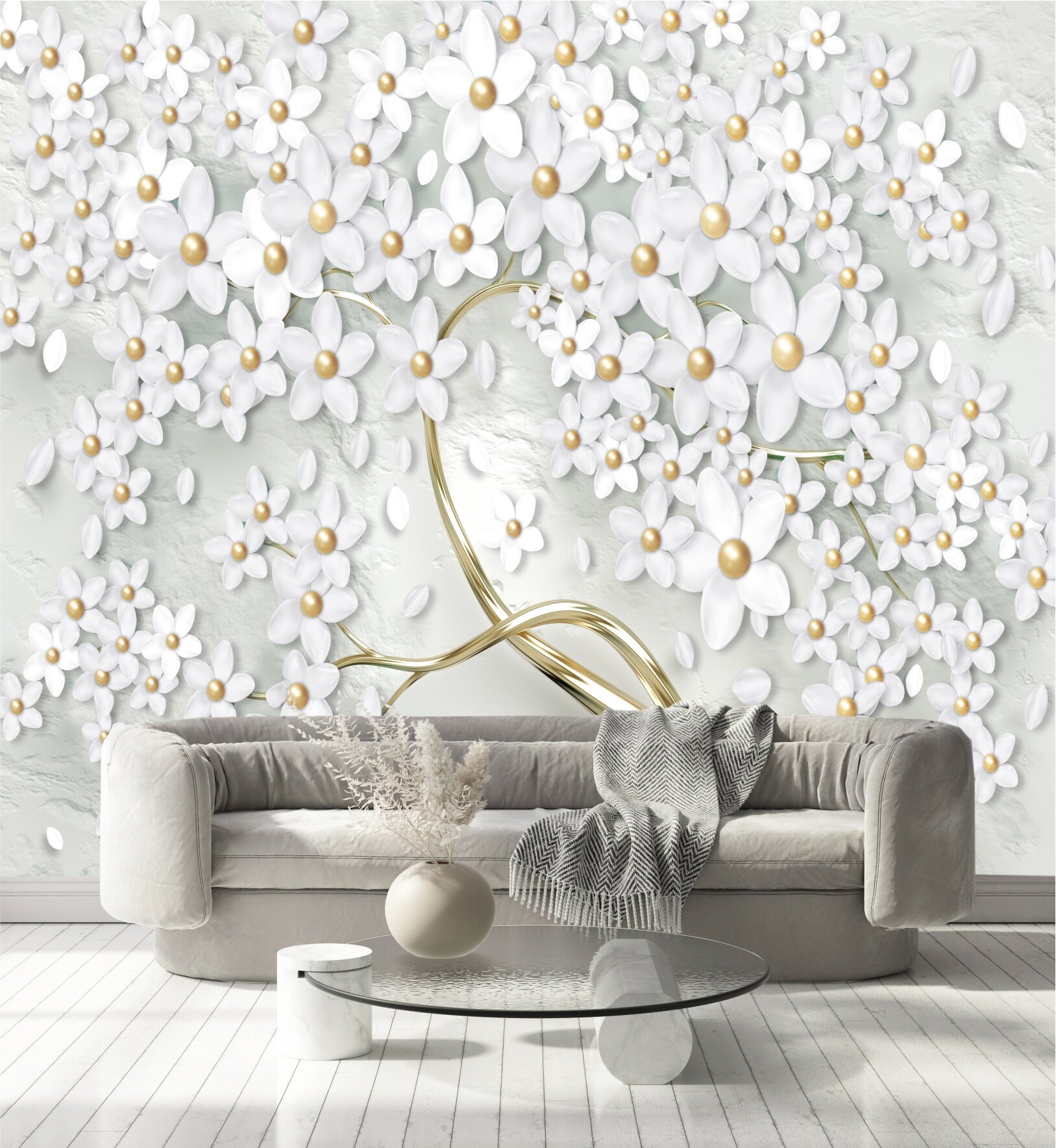 Фотообои "3d Дерево с цветами" 300*260 см для кухни, гостиной, спальни