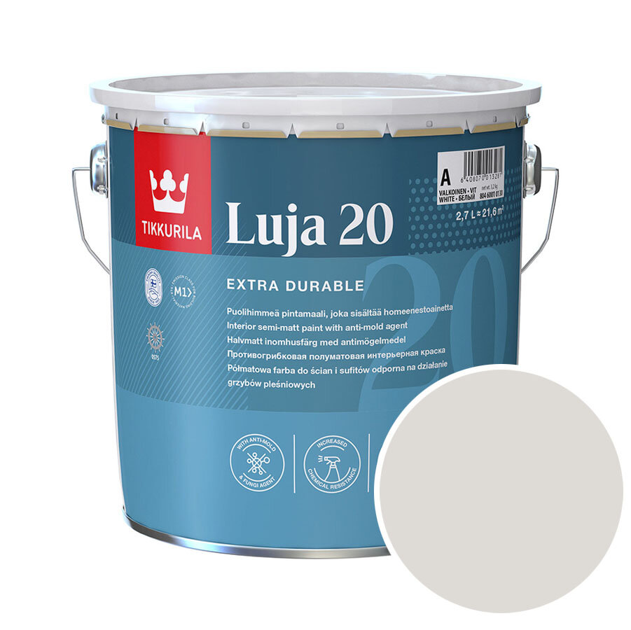 Краска моющаяся Tikkurila Luja Extra полуматовая RAL 9002 (Серо-белый - Grey white) 2,7 л
