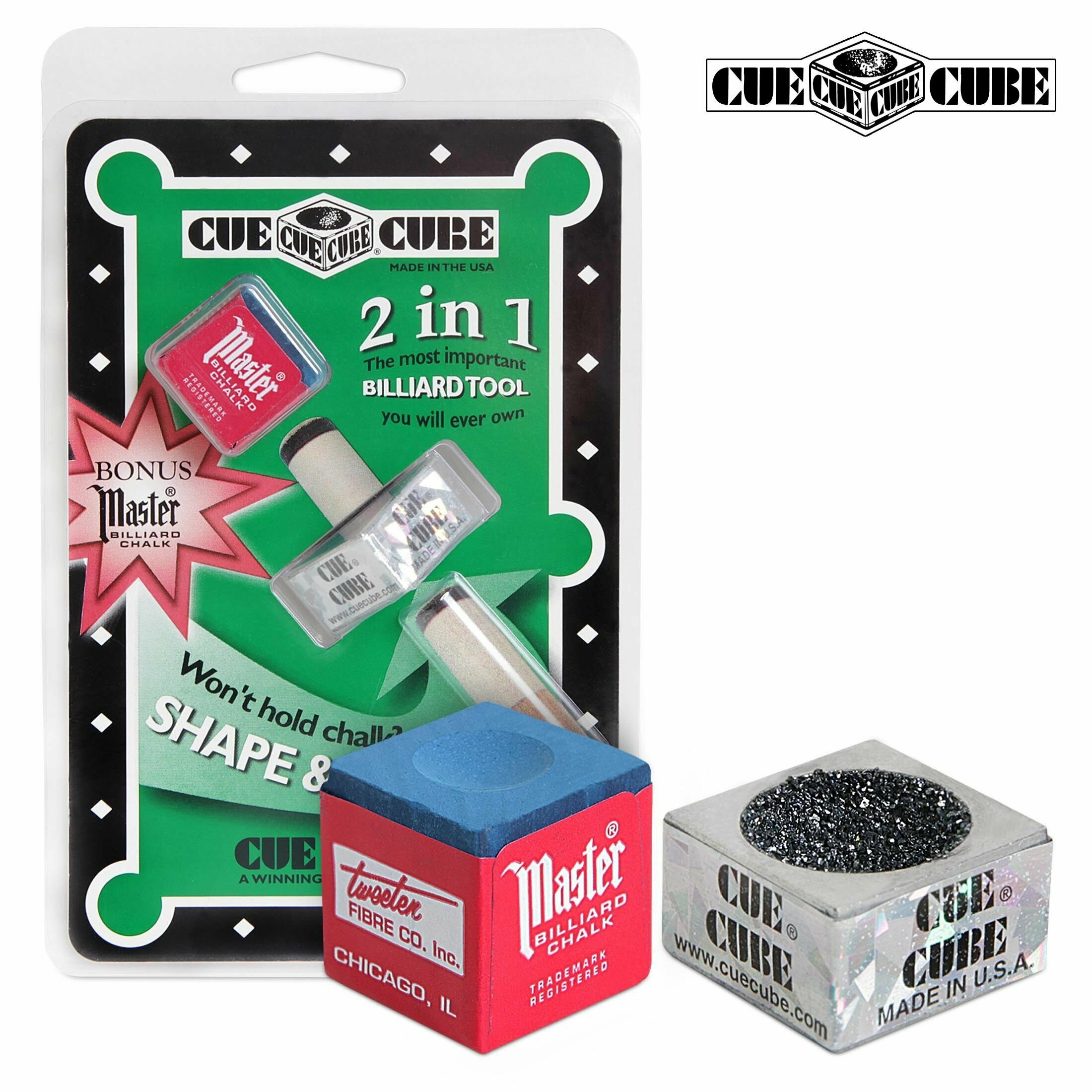 Набор, мел для бильярда Master и инструмент для обработки наклейки на кий, Cue Cube, блистер