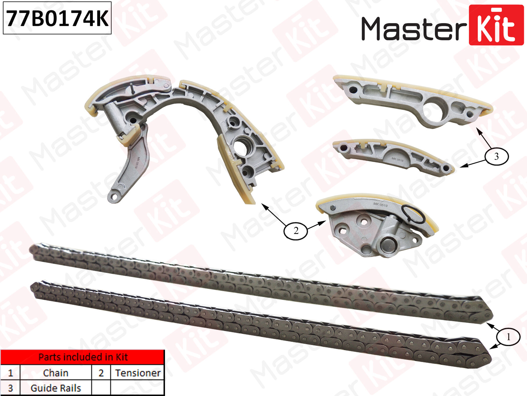 Комплект цепи ГРМ Audi A6/A8/Q7/R8 4.2 FSI CAUA/BXA/BSM/BAR 07-13 (без звездочек), MASTERKIT 77B0174K