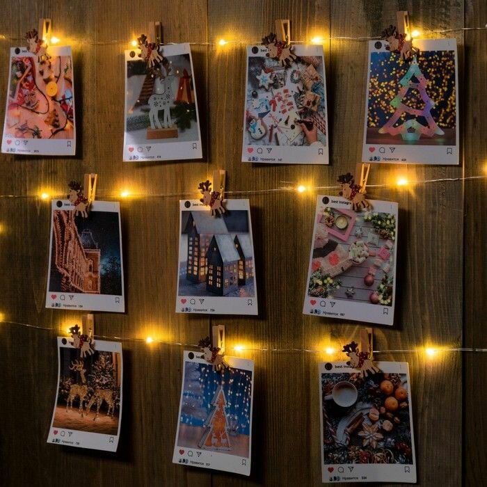 Гирлянда Нить 2 м роса с насадками Прищепки-оленёнок , IP20, серебристая нить, 20 LED, свечение тёплое белое, ААх2