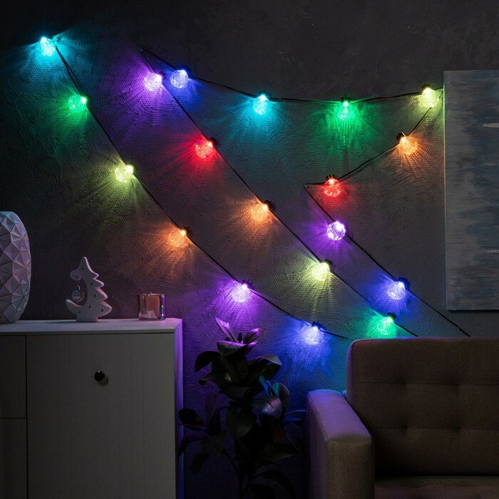 Luazon Lighting Умная гирлянда «Нить» 6 м с насадками «Рифленые шарики», IP20, тёмная нить, 20 LED, свечение RGB, USB