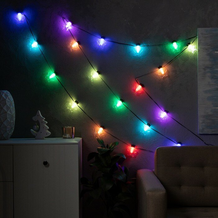 Luazon Lighting Умная гирлянда «Нить» 6 м с насадками «Звёздочки», IP20, тёмная нить, 20 LED, свечение RGB, USB