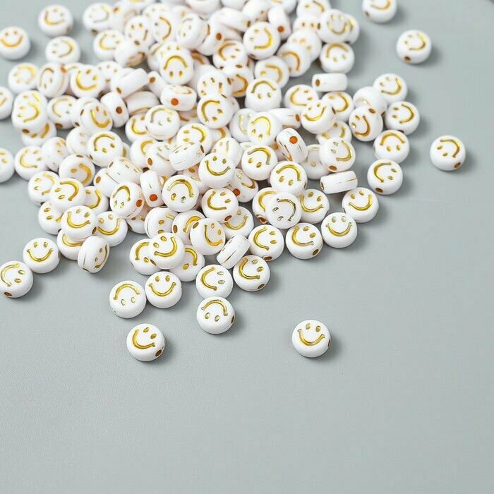 Бусины для творчества пластик "Золотой смайлик на белом" набор 20 гр 0,4х0,7х0,7 см