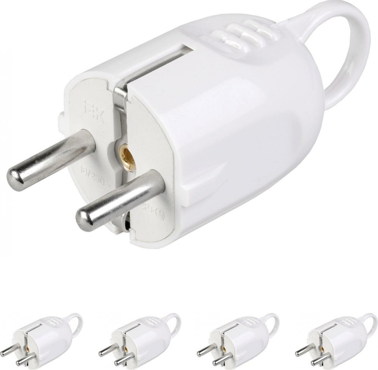 Вилка IEK с заземлением с боковым вводом с кольцом IP20 белая (комплект из 4 шт)