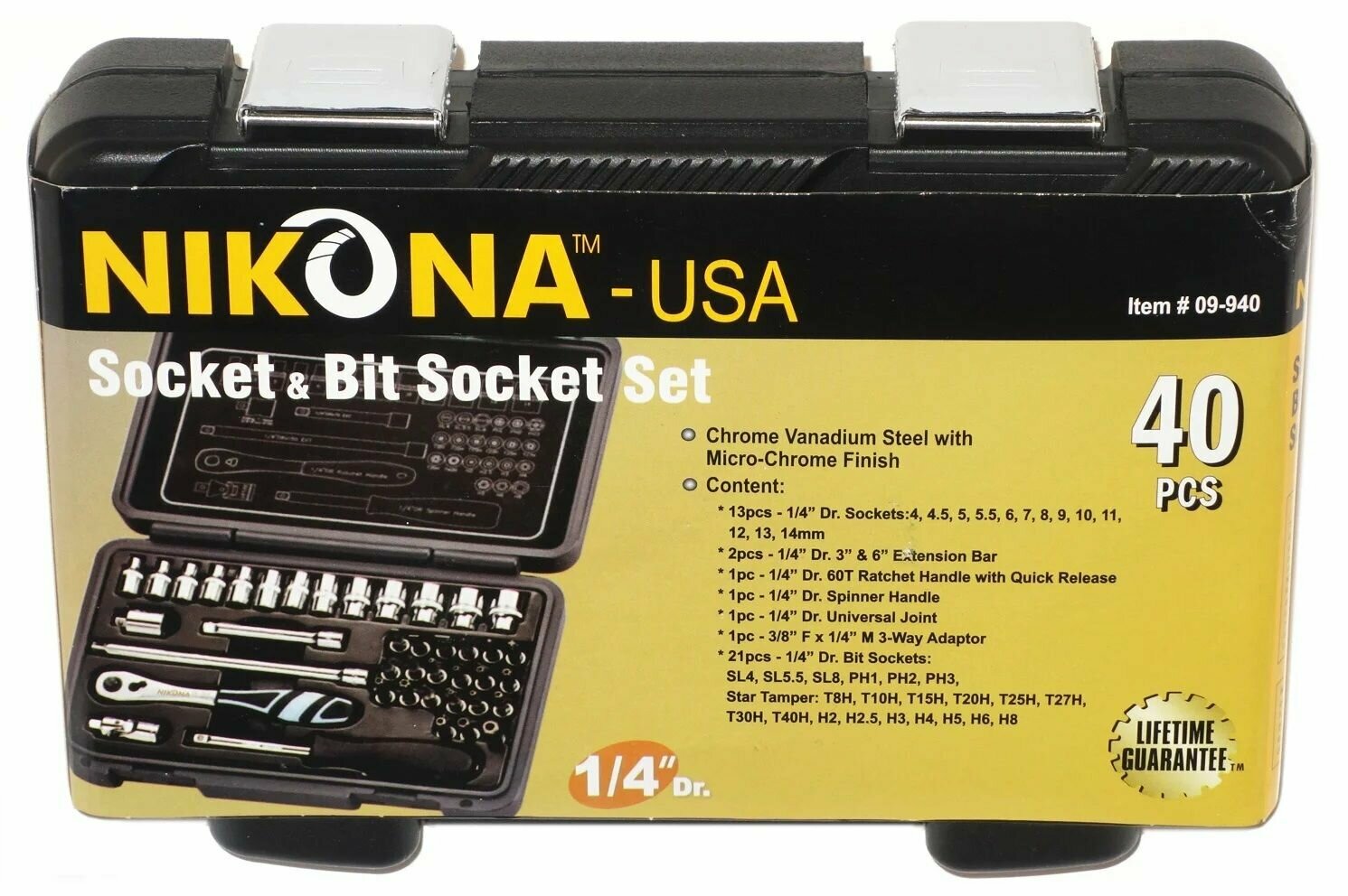 Набор торцевых головок с трещотками и битами NIKONA (кв.1/4"; 4-14mm) (40пр) 09-940