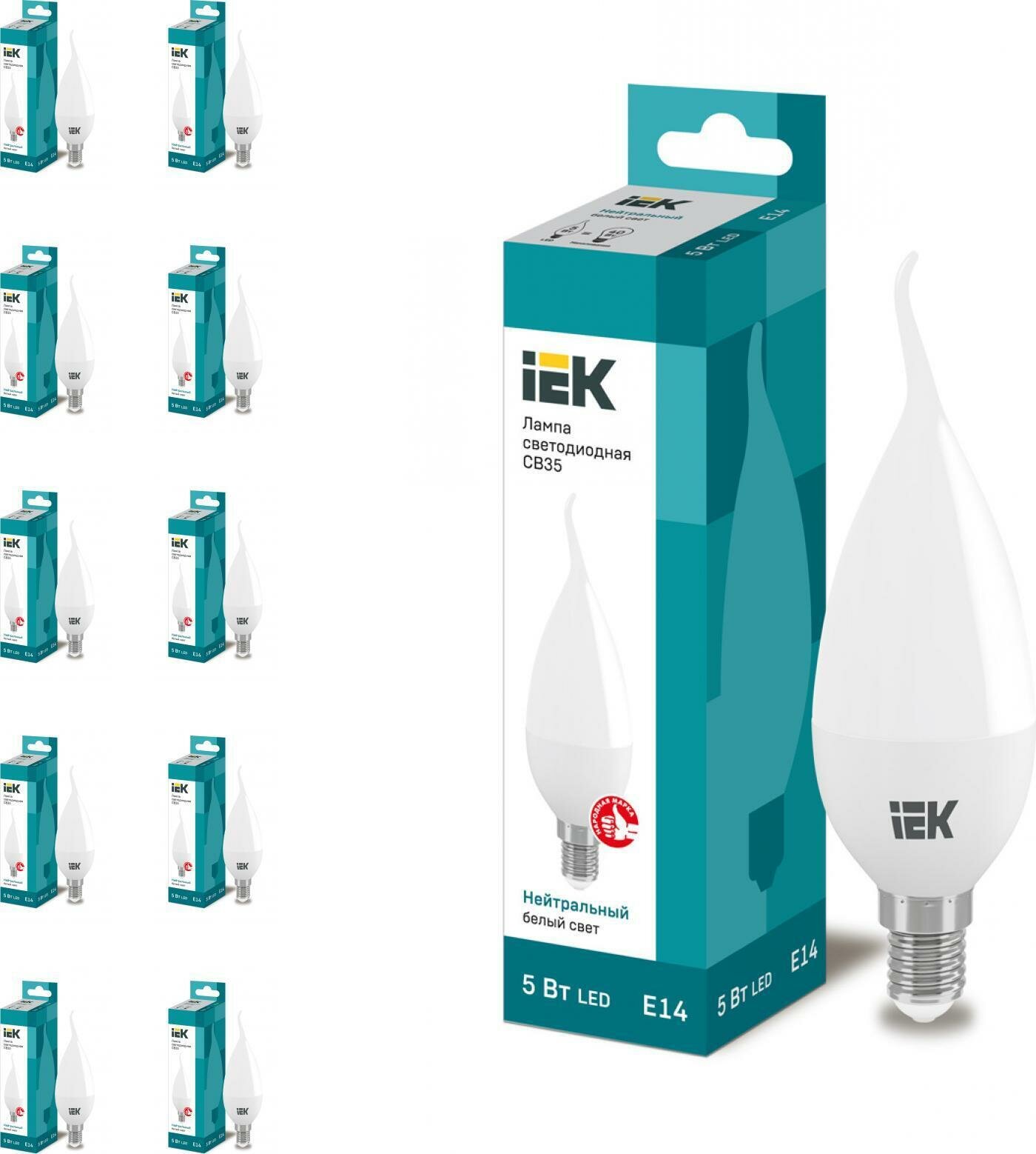 Светодиодная лампа IEK 7W эквивалент 60W 3000K 630Лм E14 свеча на ветру (комплект из 10 шт)