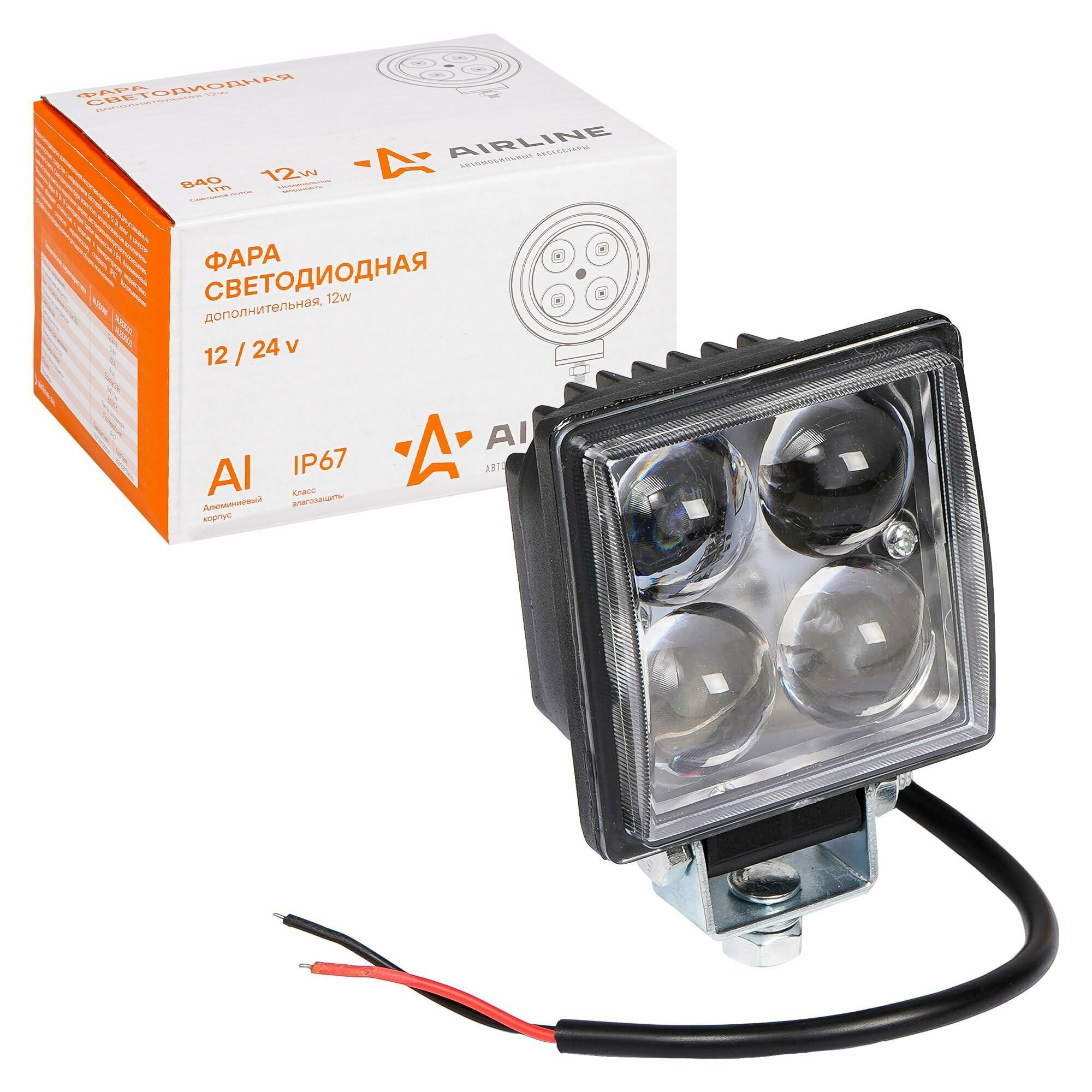 Фара светодиодная (квадратная) 12W 76x76x46 4 LED направленный свет 12/24V (AIRLINE)