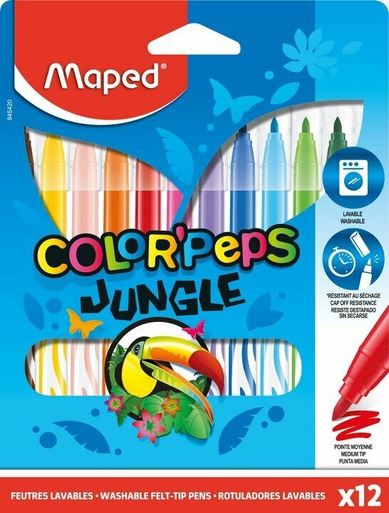Фломастеры 12 цв. MAPED JUNGLE смываемые, в картоне