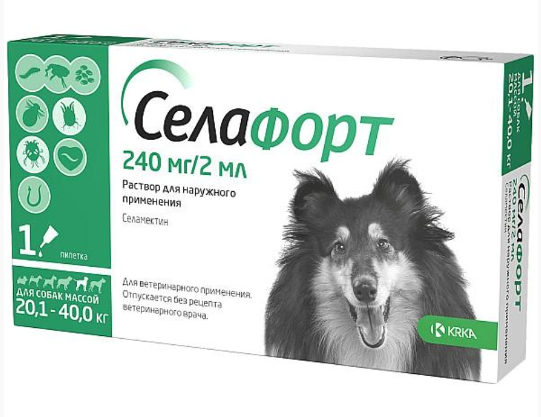 Селафорт капли от блох, клещей и власоедов 240 мг/ 2 мл, для собак массой 20.1 – 40 кг 1шт. в уп.