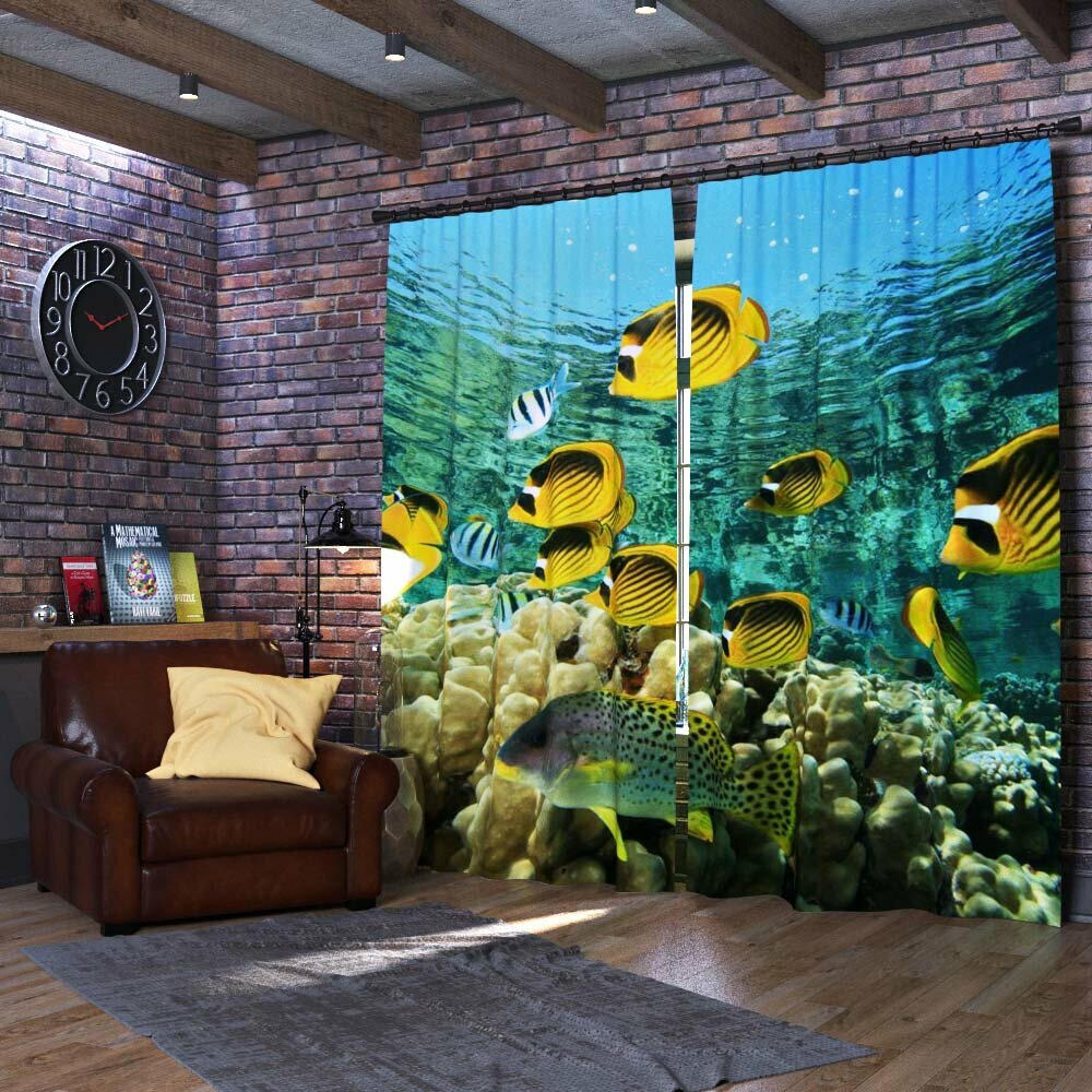 Шторы для спальни гостиной детской комнаты Фотошторы Кораллы и рыбы Ш150xВ260 см. 2шт. Габардин на тесьме