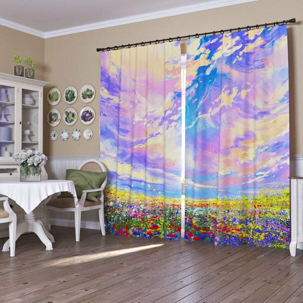 Шторы для гостиной спальни детской комнаты Фотошторы "Цветные облака" 150x245 см. 2шт. Габардин на ленте. Комплект