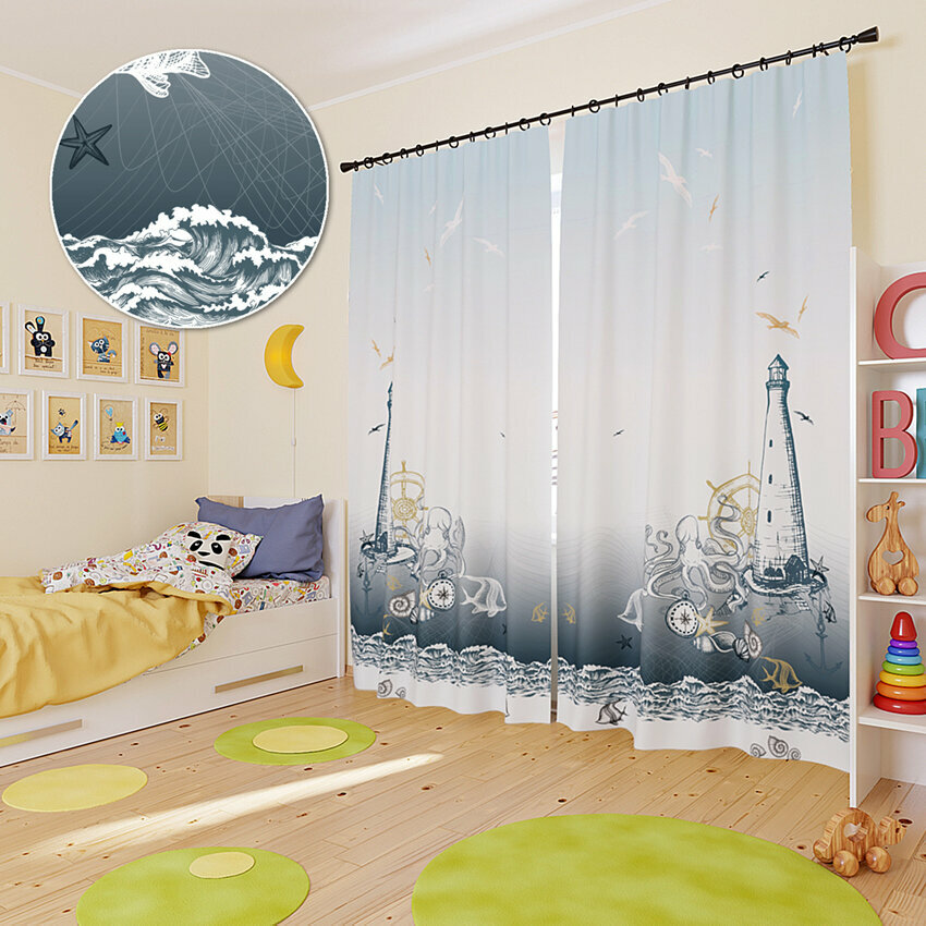 Шторы блэкаут на ленте для детской с рисунком комплект Фотошторы "Маяк 2"150x290 см. 2шт.